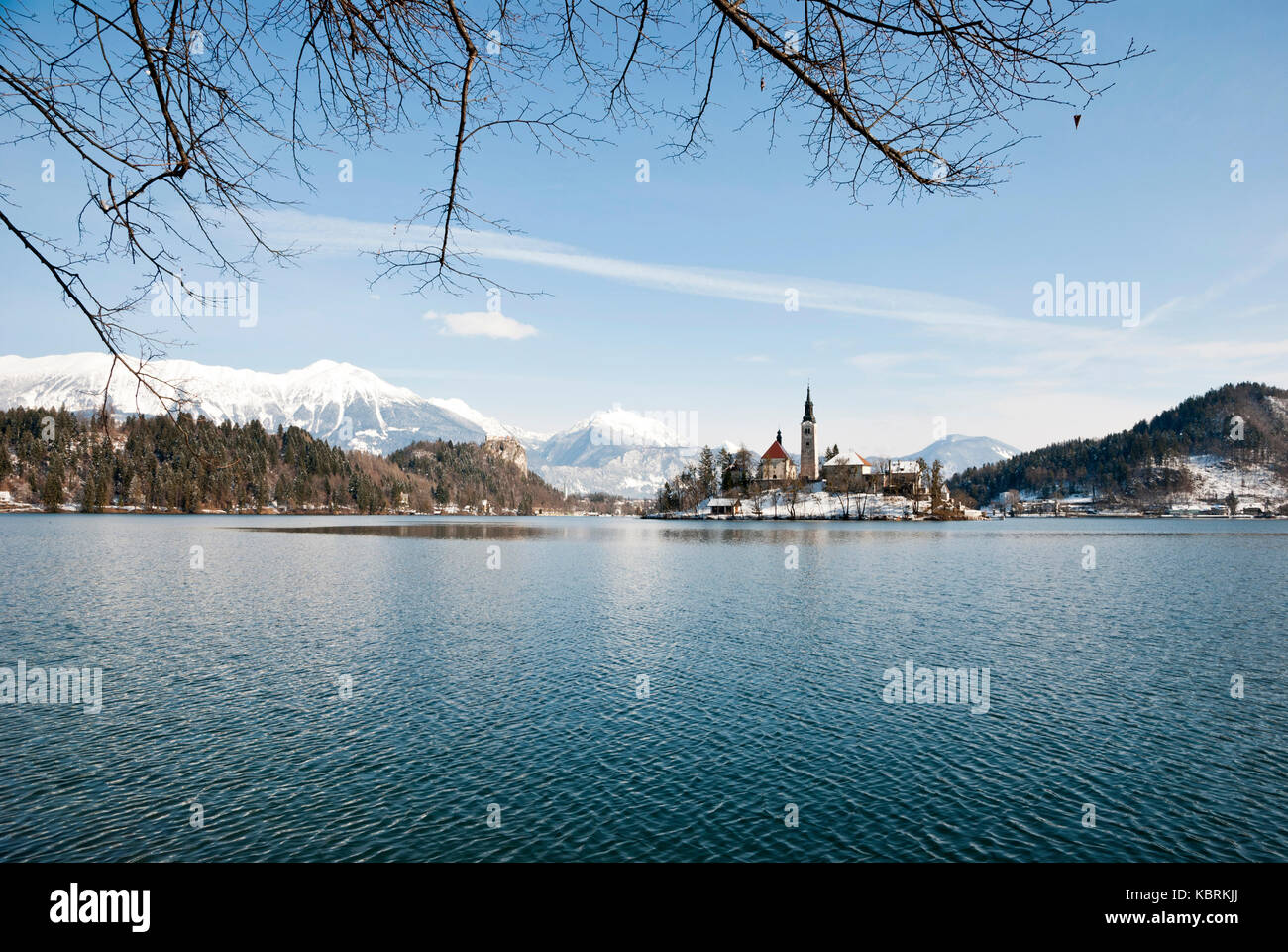 Lake Bled with castle behind in winter, Bled, Slovenia Stock Photo - Alamy