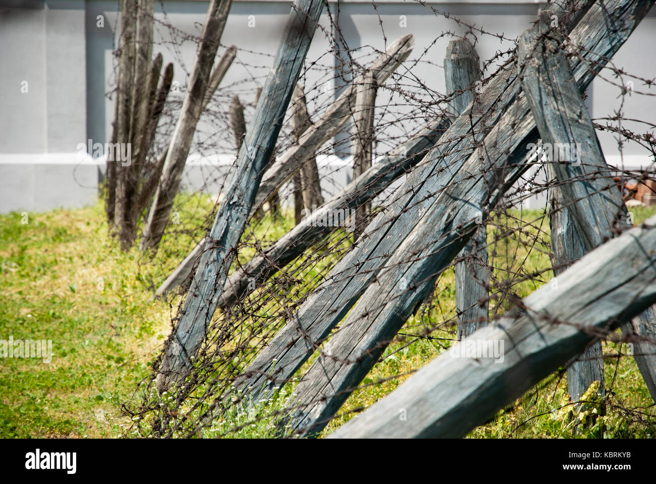 Barbed wire and barricade fence in concentration camp in Nis, Serbia ...