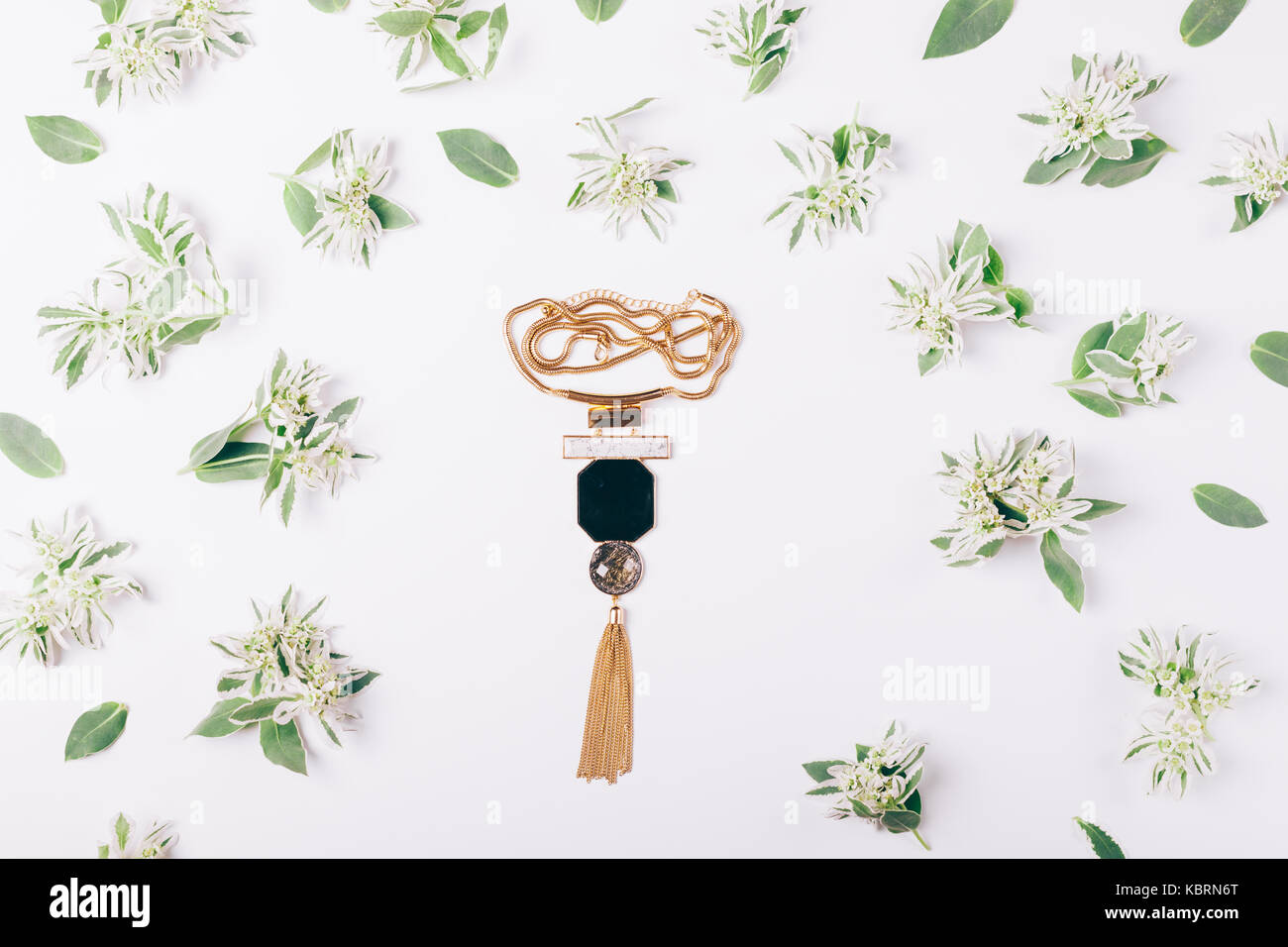 Female necklace on a white table amongst green flowers, top view Stock ...