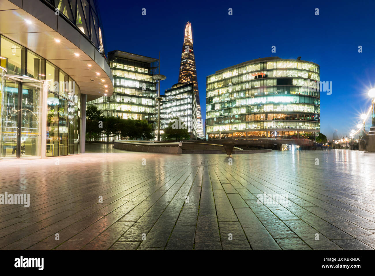 UK, London, low angle view of modern office buildings in More London ...