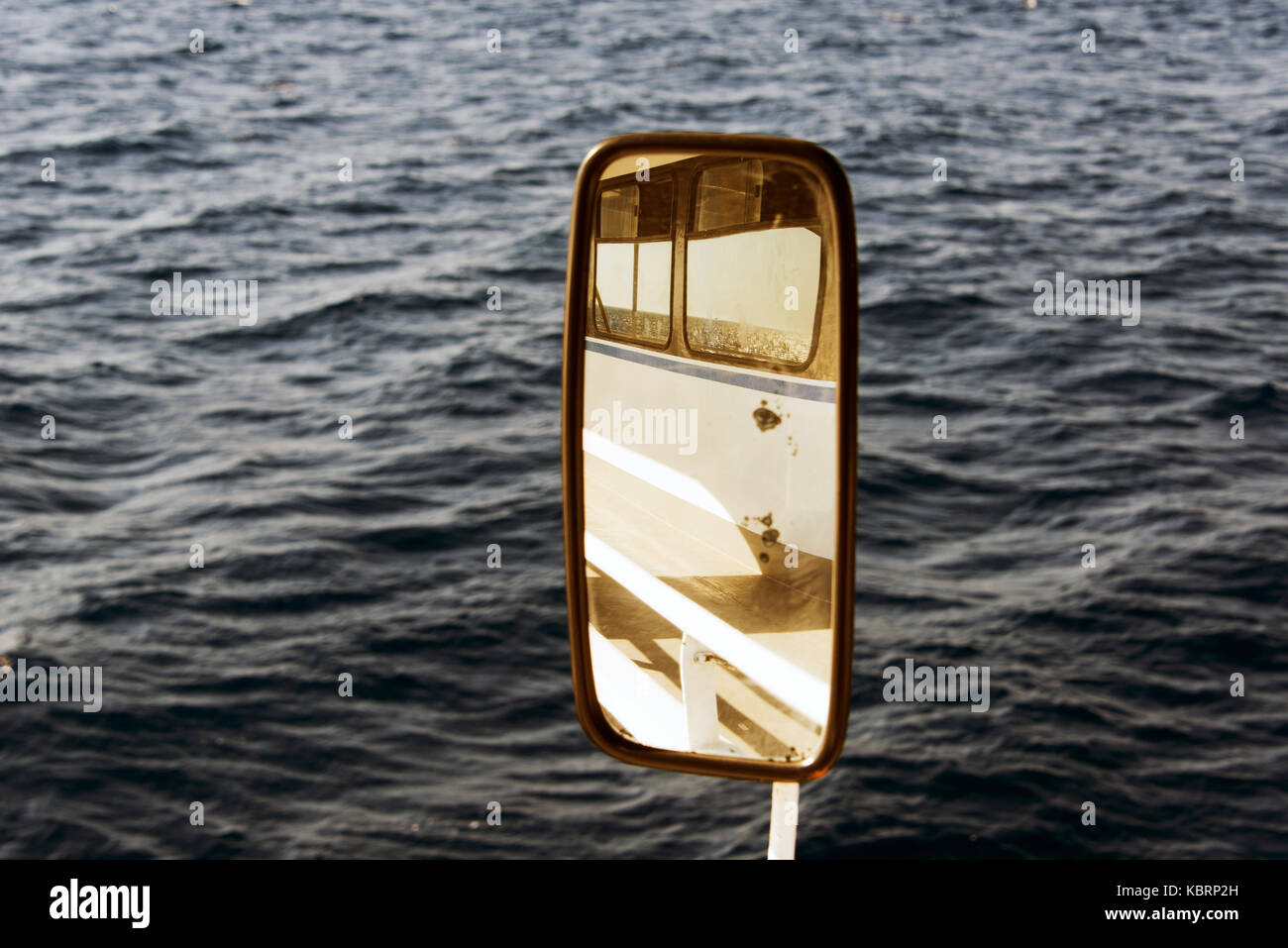 Side mirror of a boat and a. reflection in the sea Stock Photo - Alamy