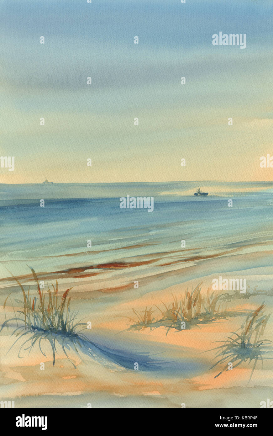 seaside watercolor landscape Stock Photo - Alamy