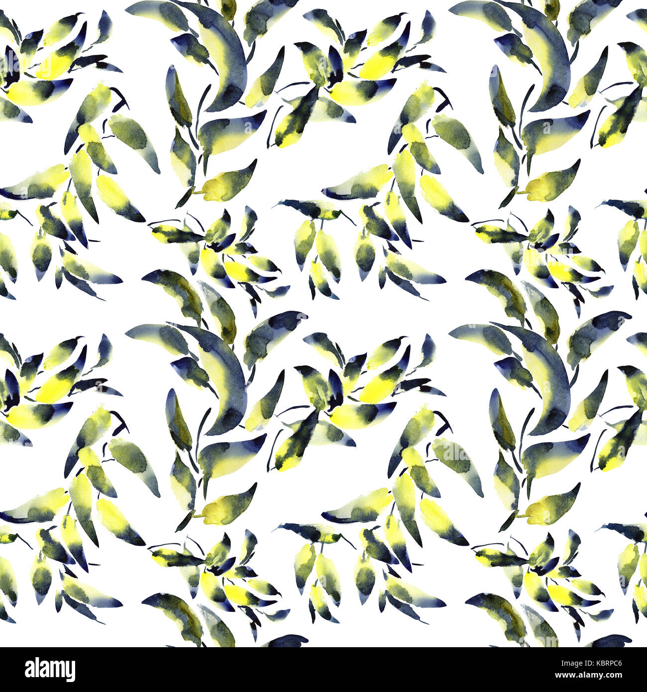 Blue and yellow leaves ornament pattern Stock Photo - Alamy