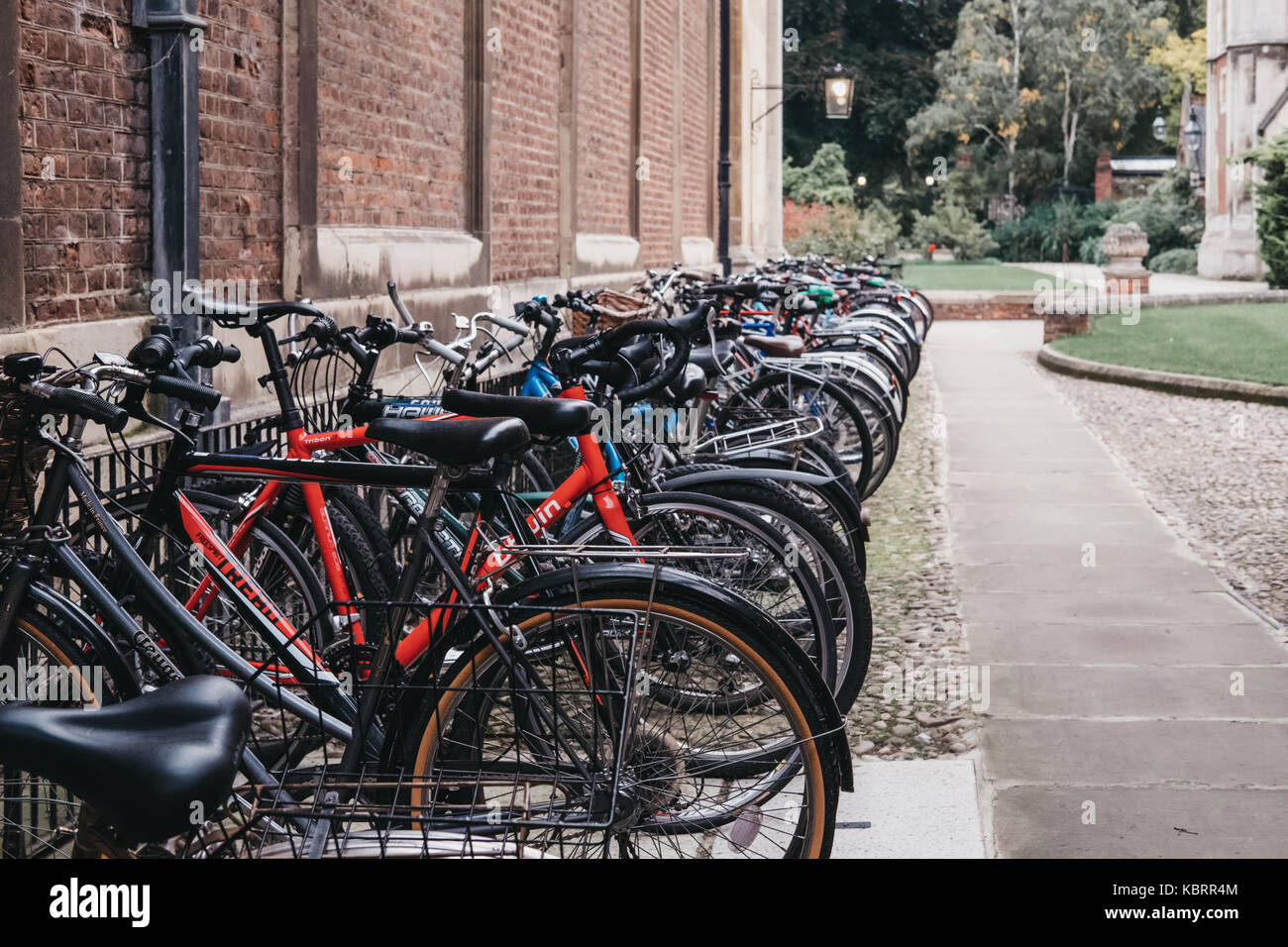 A row of bikes parked on the street in Cambridge. Cambridge has the ...