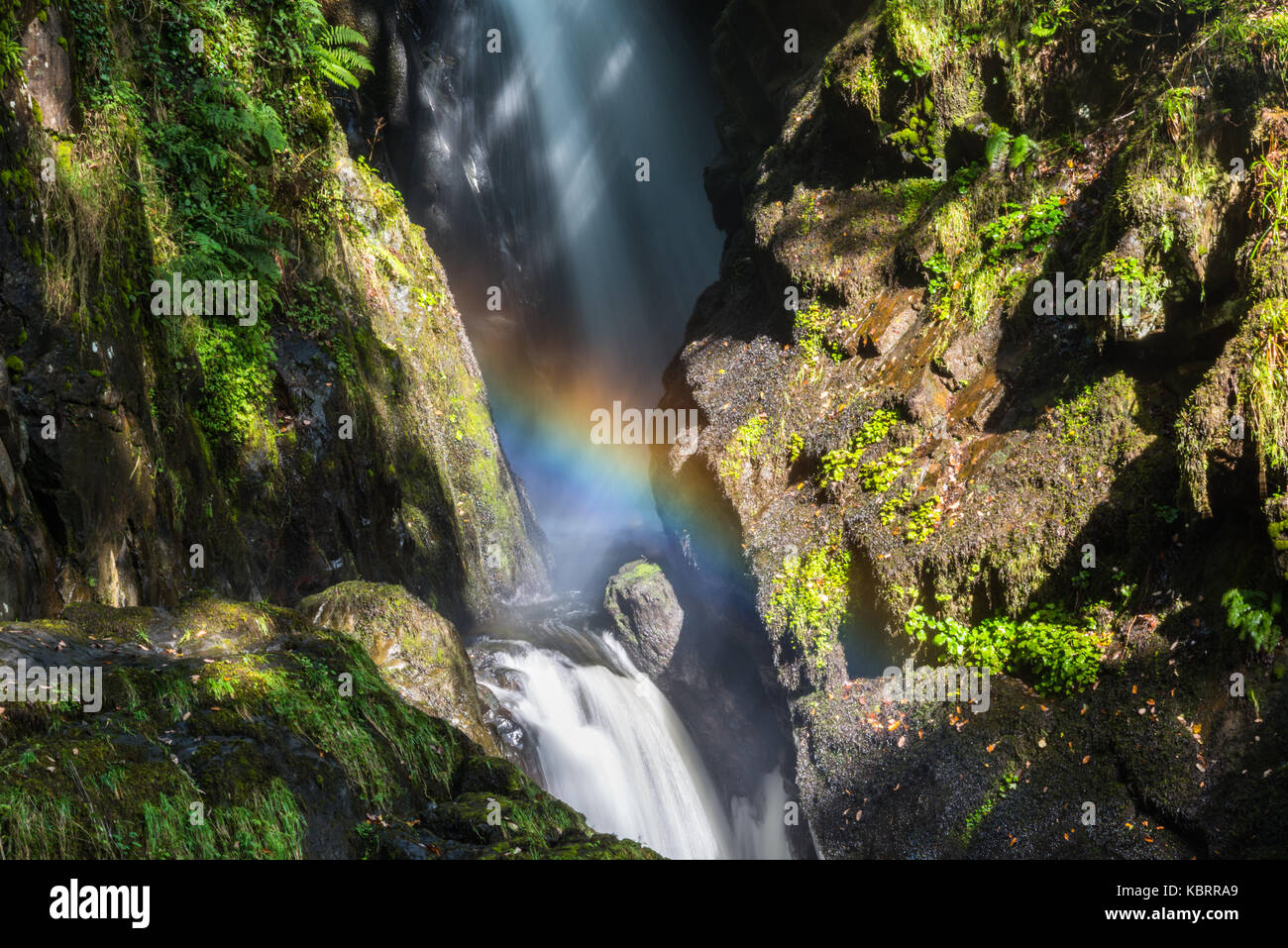 Close up of the flowing waters of Aira Force waterfall in the English ...