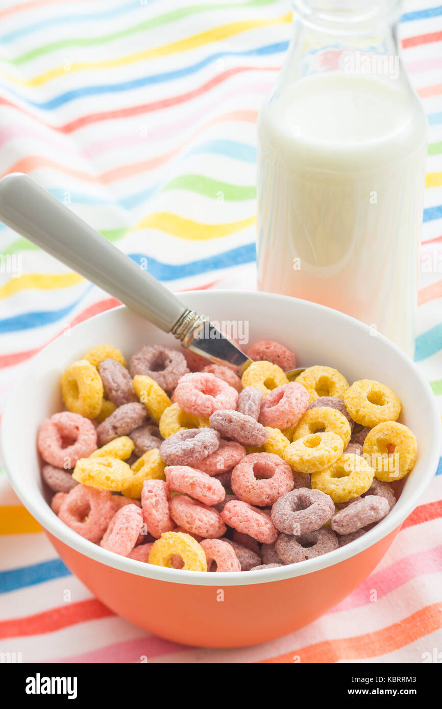 Colorful cereal rings and milk Stock Photo - Alamy
