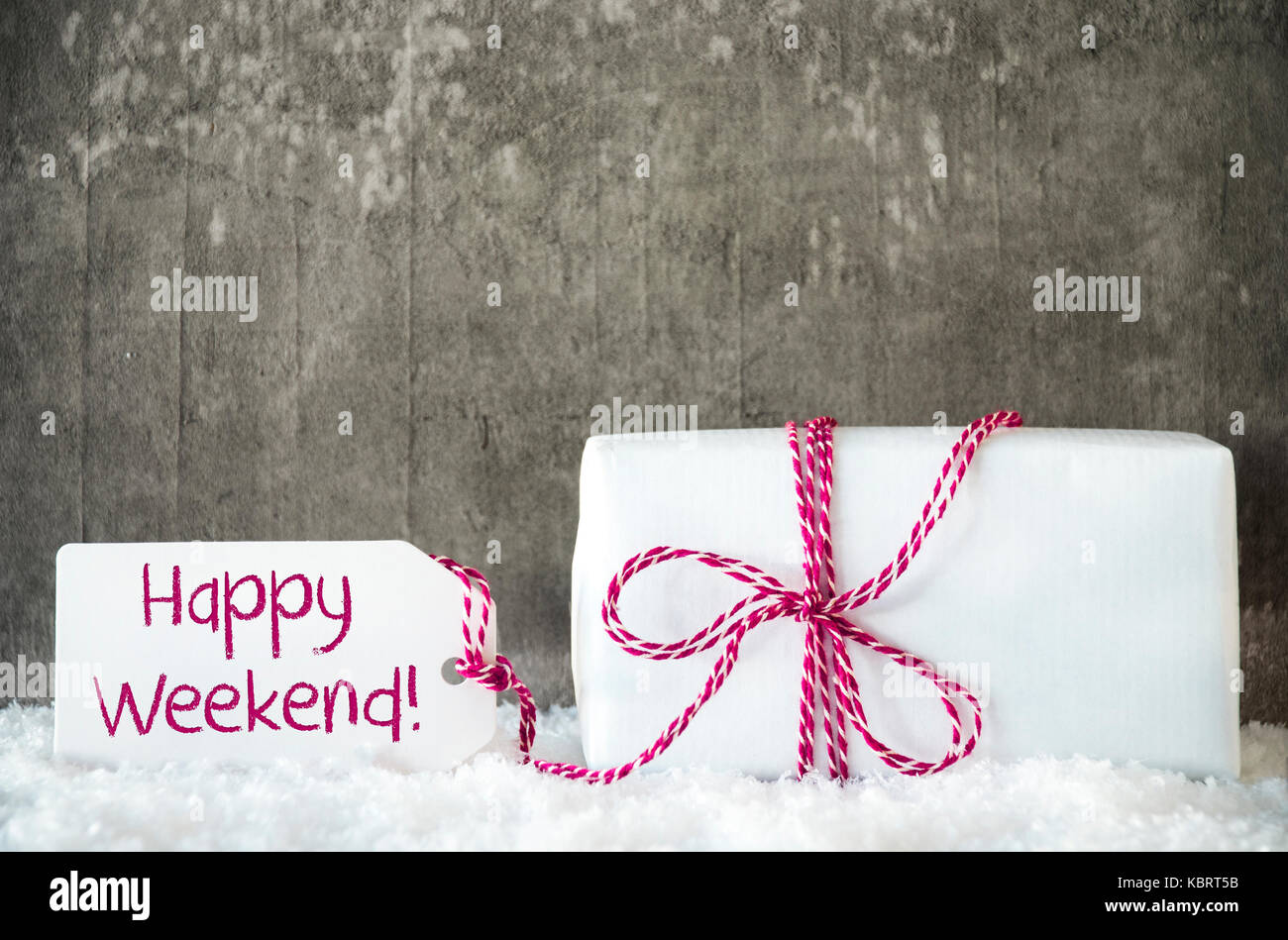 White Gift, Snow, Label, Text Happy Weekend Stock Photo - Alamy
