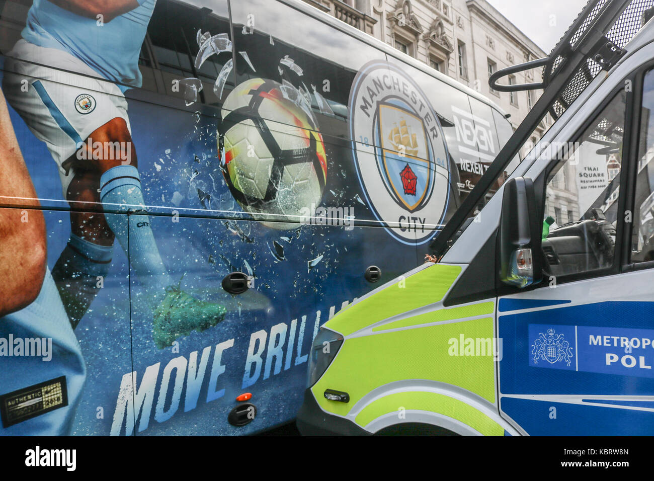London UK. 30th September 2017. The Manchester City team bus arrives at ...