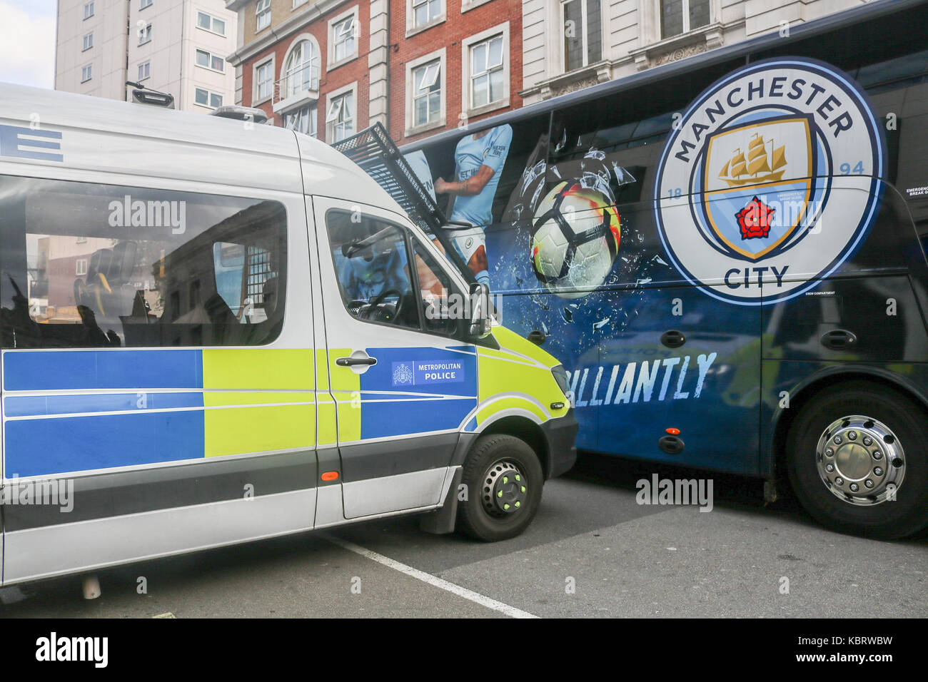 London UK. 30th September 2017. The Manchester City team bus arrives at ...