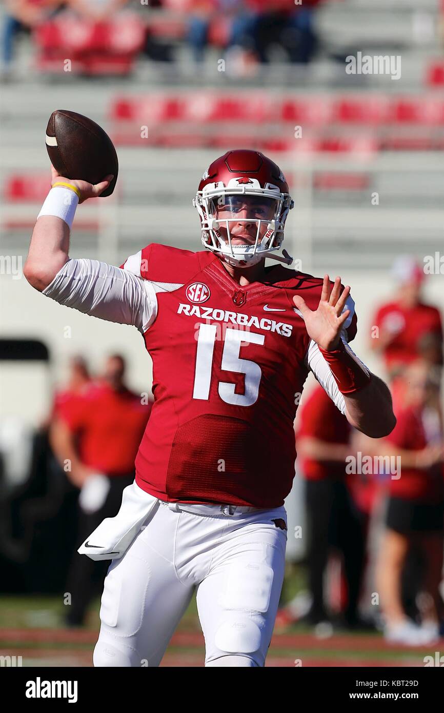 Sep 30, 2017: Arkansas back up quarter back Cole Kelley #15 warms up ...