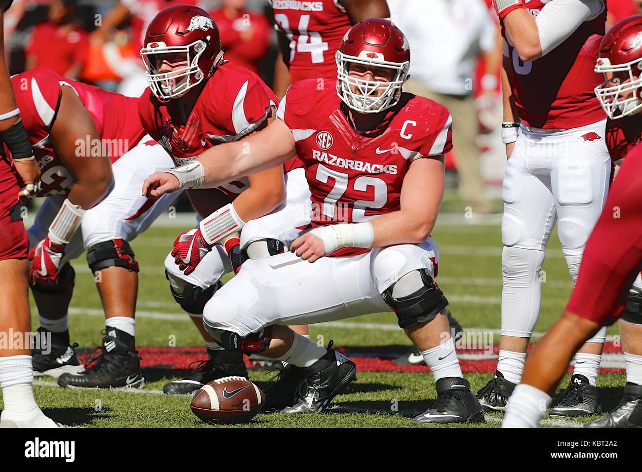 Sep 30, 2017: Arkansas center Frank Ragnow #72 points out the defensive ...