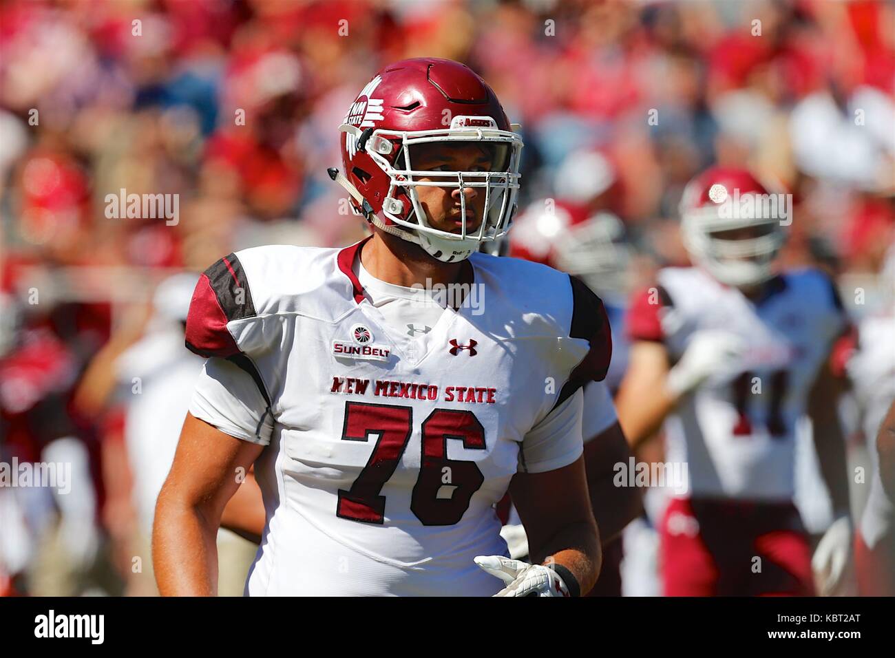 Sep 30, 2017: Aggies left tackle Sage Doxtater #76 glances to the side ...