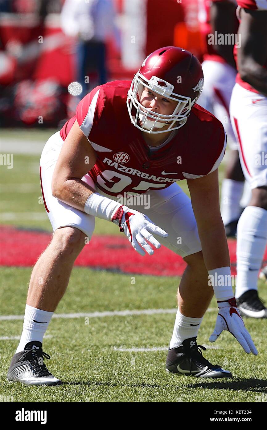 Sep 30, 2017: Arkansas defensive end Jake Hall #95 readies himself for ...