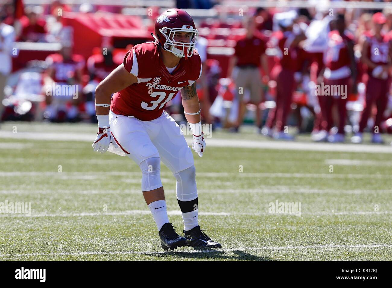 Sep 30, 2017: Arkansas line backer Grant Morgan #31 watches as the play ...