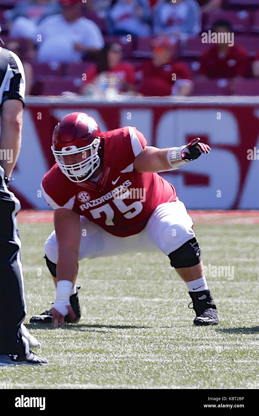 Sep 30, 2017: Arkansas offensive lineman Zach Rogers #75 points out the ...