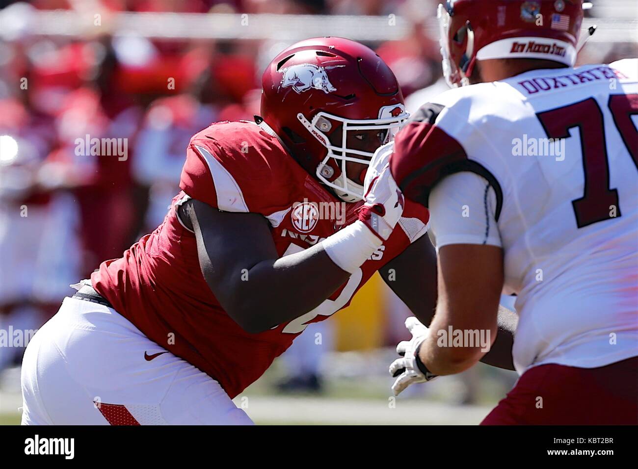 Sep 30, 2017: Arkansas defensive lineman T.J. Smith #52 works to get ...