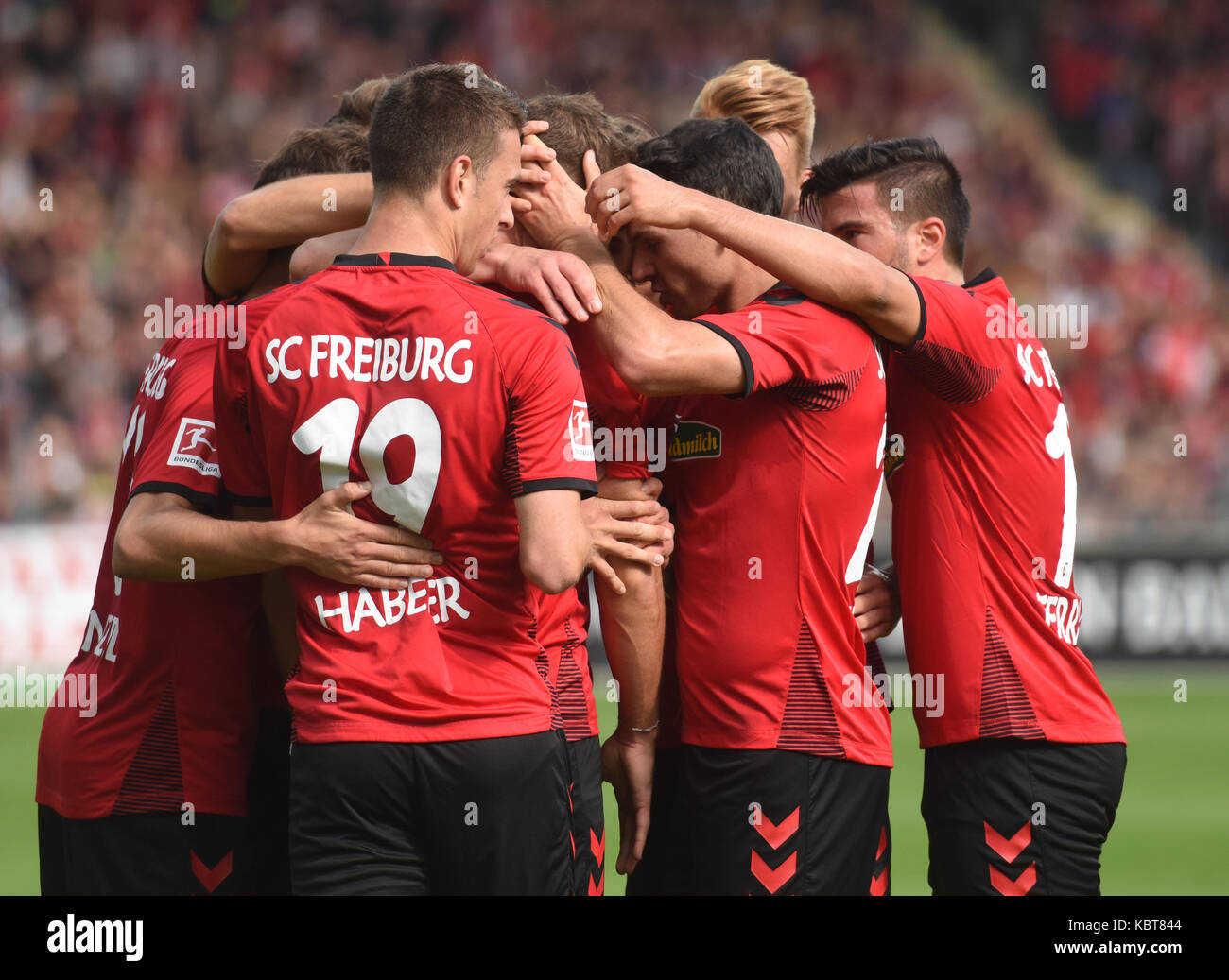 Freiburg players celebrate the goal for 1:1 during the German ...
