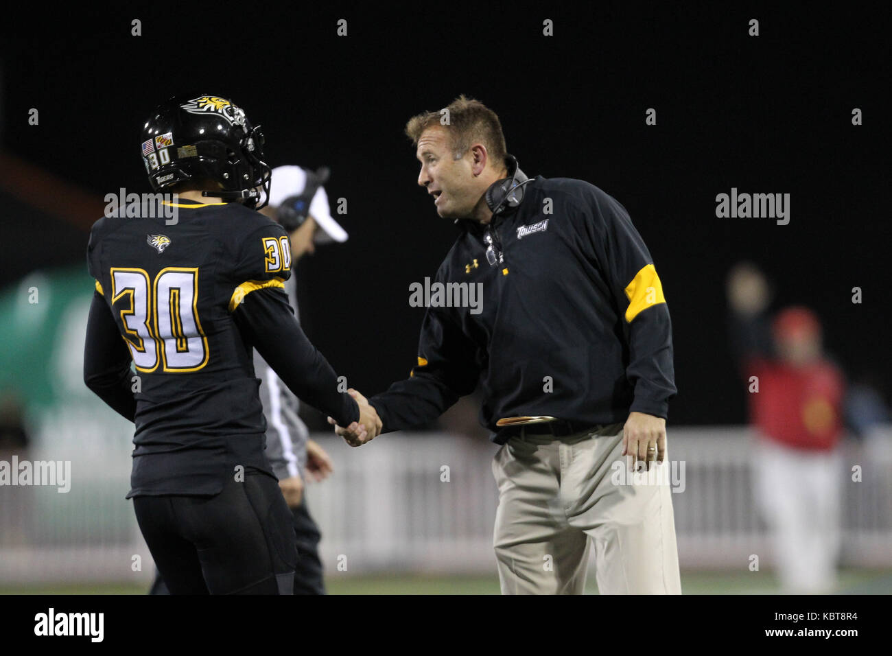 September 30, 2016: Towson Tigers head coach Rob Ambrose congratulates ...