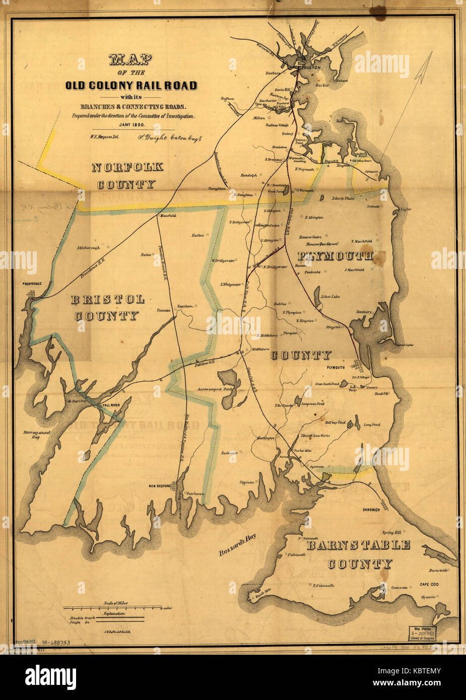 A 1850 map of the Old Colony Railroad, showing the routes and ...