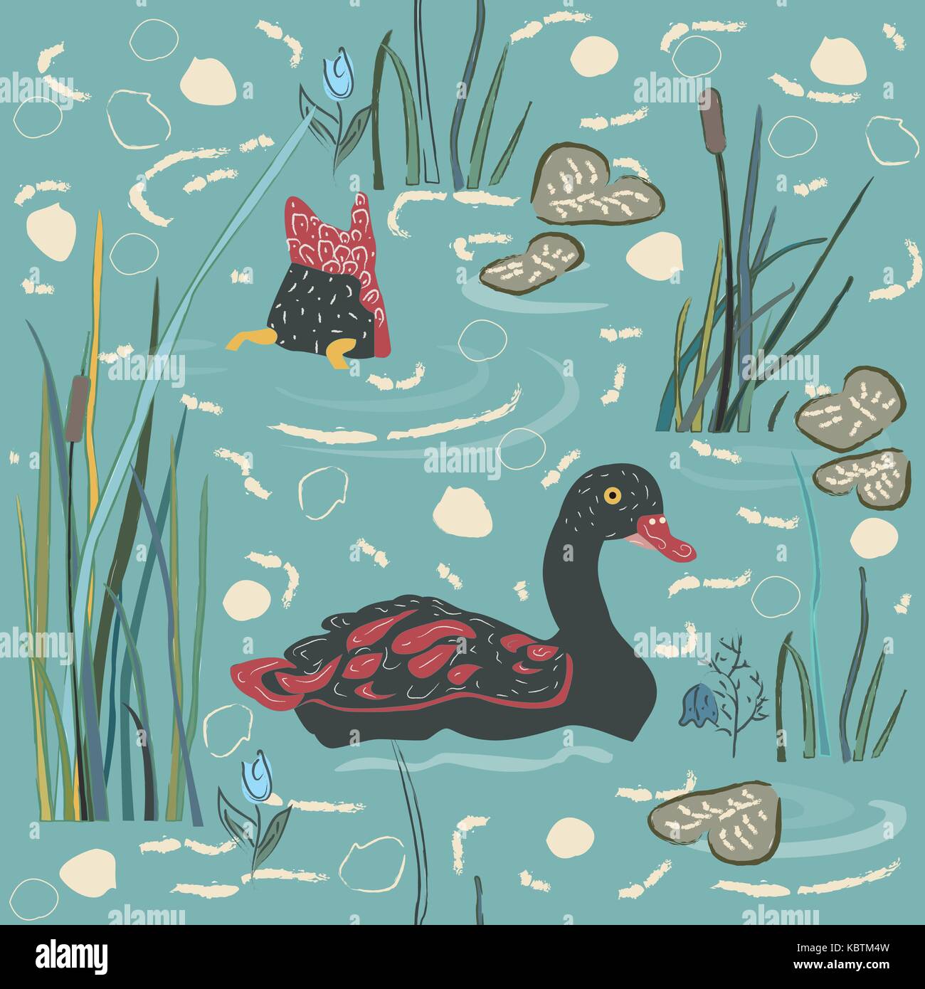 Duck Bird Seamless Pattern. Ducks on the lake. Vector Illustration ...