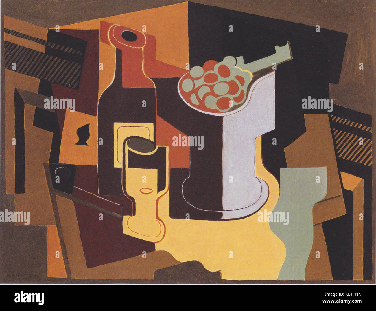 This artwork, titled 'Flasche und Obstschale' by Juan Gris, showcases a ...