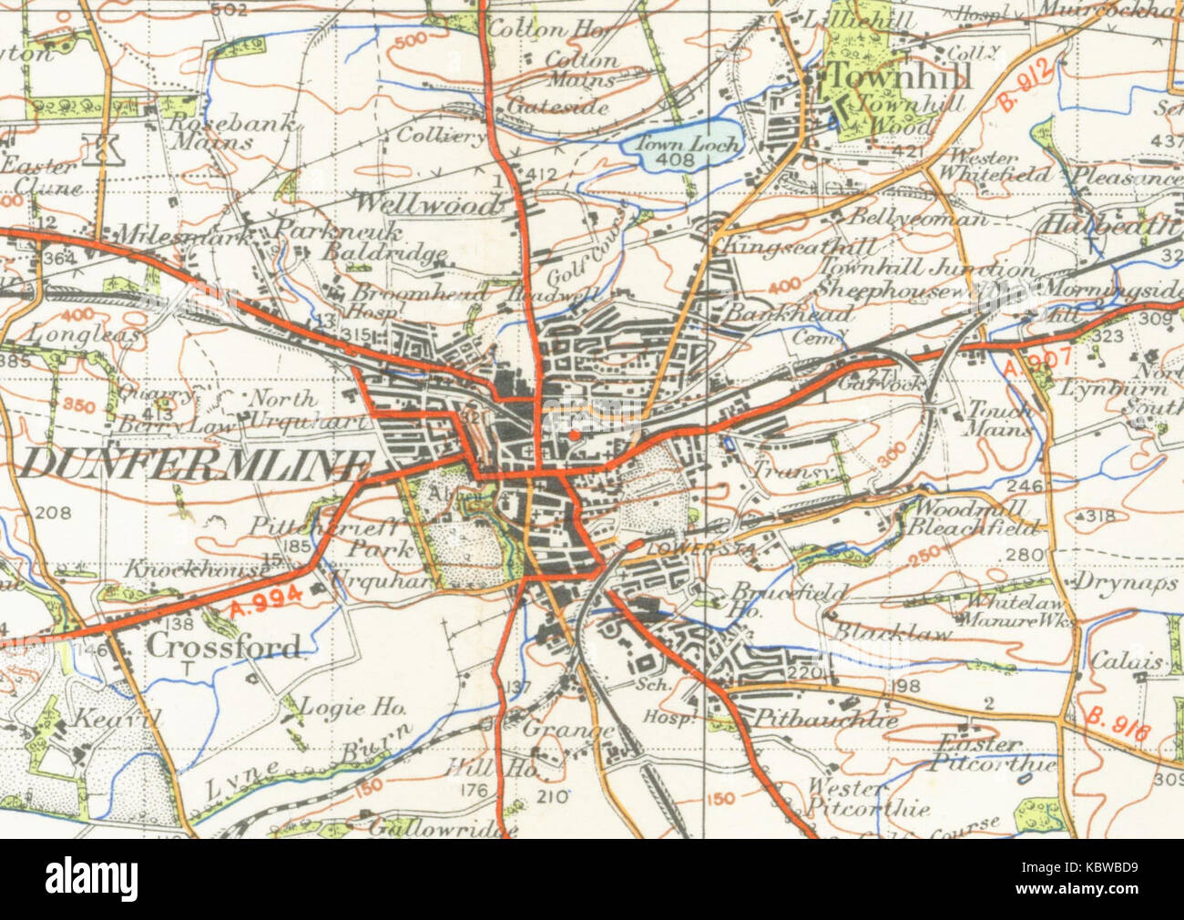 This map from 1945 shows the layout of Dunfermline, Scotland. It ...