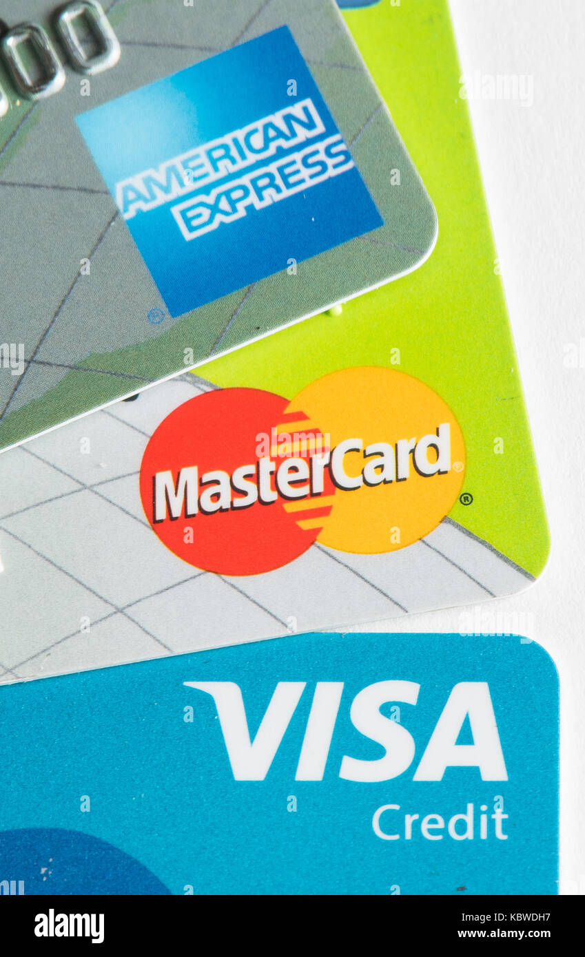 Credit cards showing the logos of american express hi-res stock ...