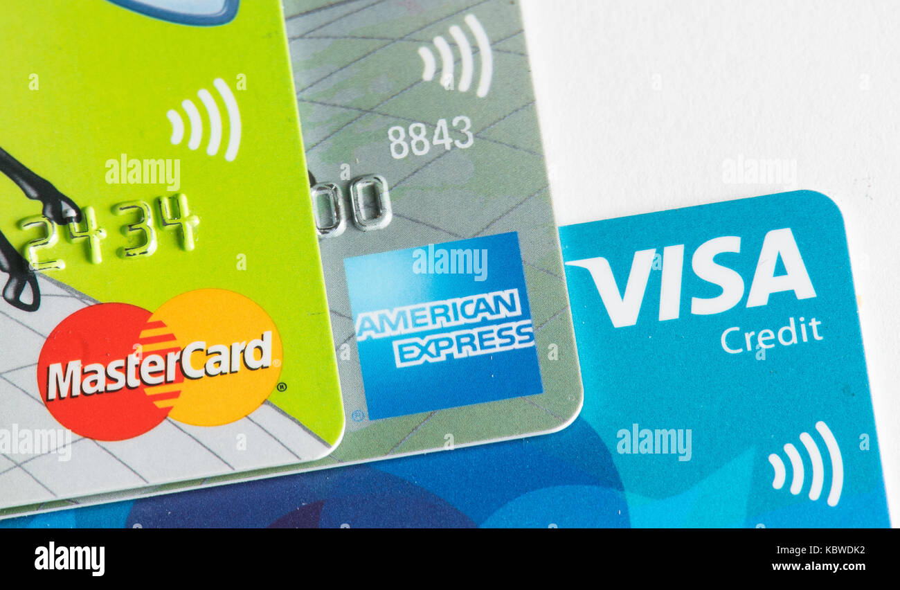 Credit cards showing the logos of american express hi-res stock ...