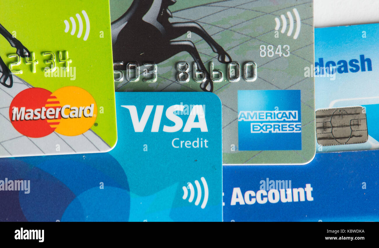 Credit cards showing the logos of american express hi-res stock ...