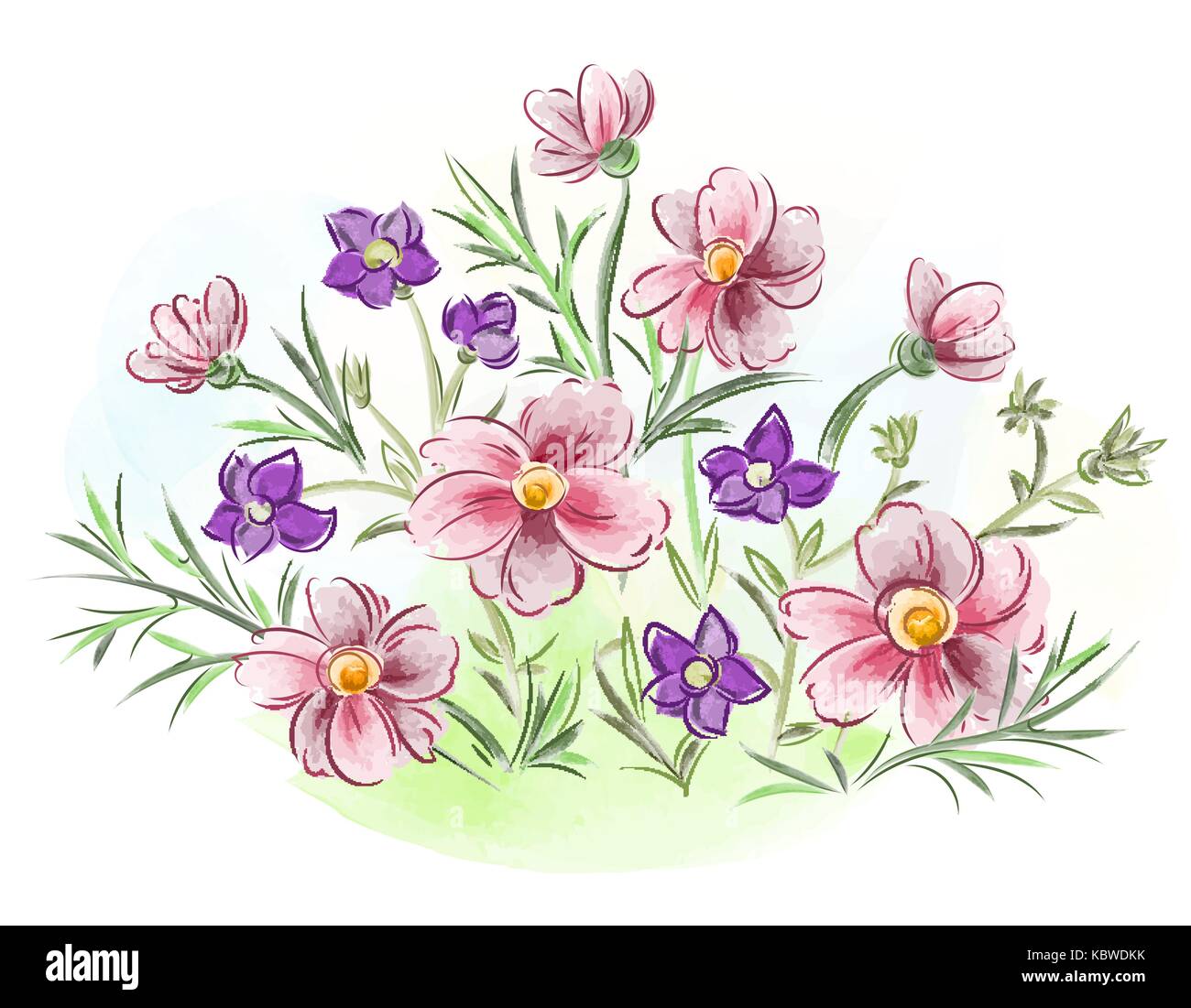 Vector illustration of watercolor flowers violets and pansy and leaves ...
