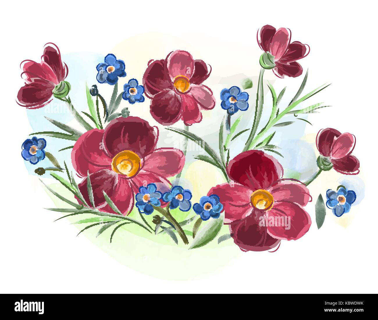 Vector illustration of watercolor flowers violets and pansy and leaves ...