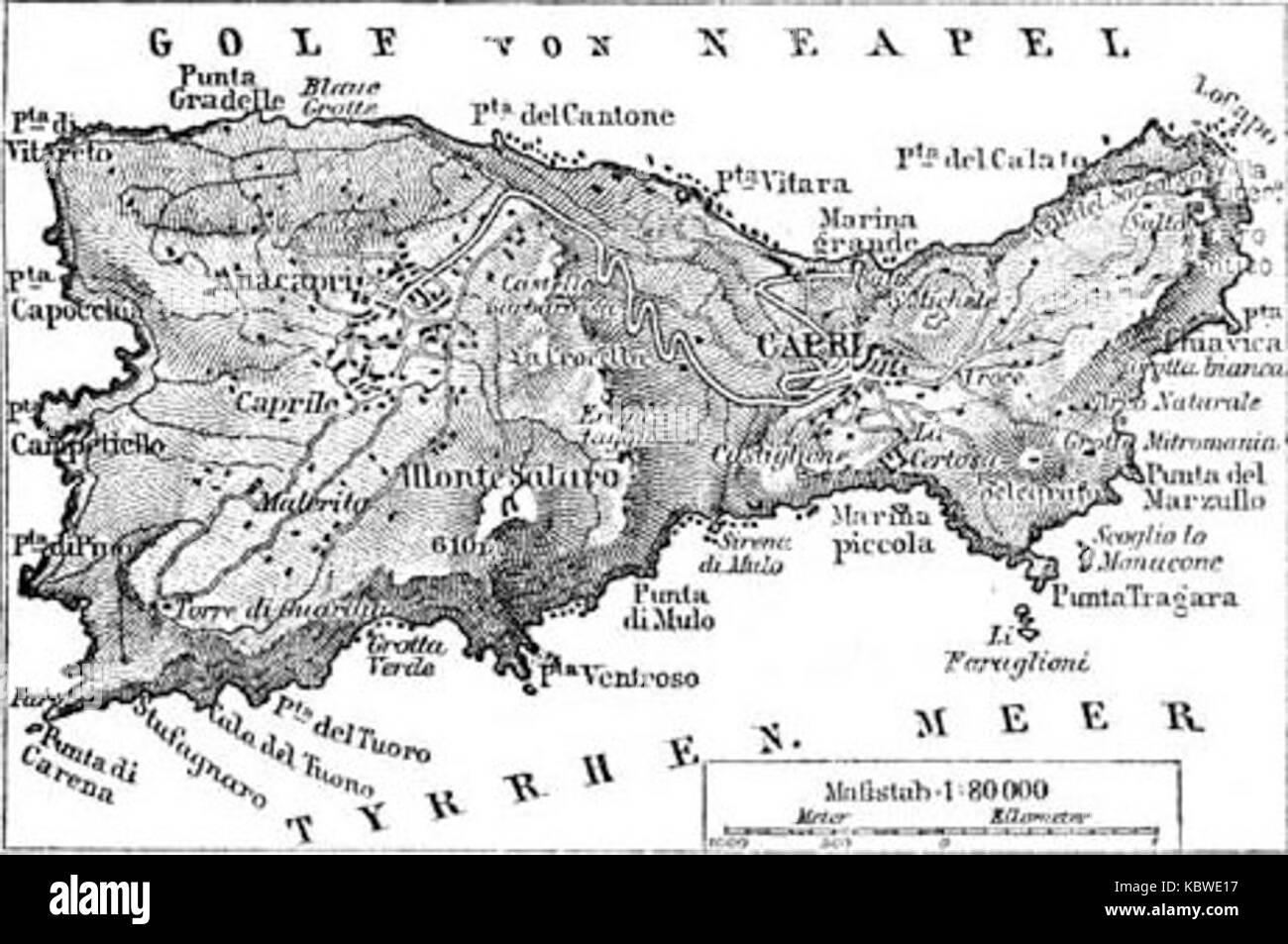 This map of Capri Island in Italy details the island's geographic ...