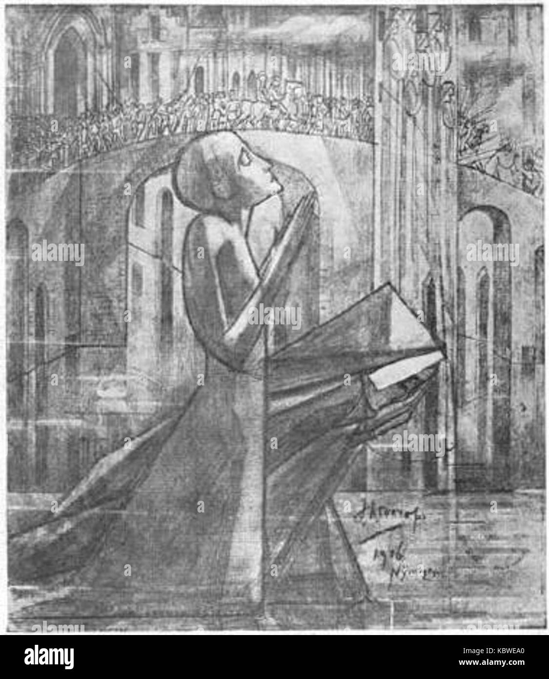 A painting by Jan Toorop, titled 'Prayer,' depicting a religious or ...