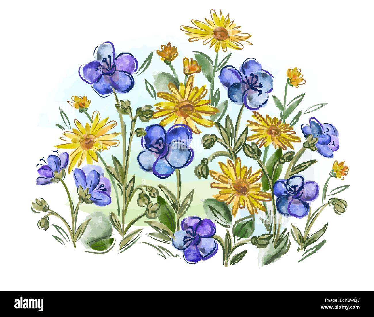 Vector illustration of watercolor flowers violets and pansy and leaves ...