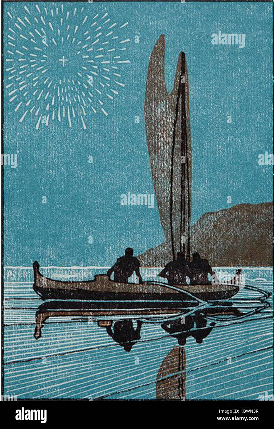 'Canoe and Star', woodblock print by Arman Manookian, 6 x 4.25 in Stock ...