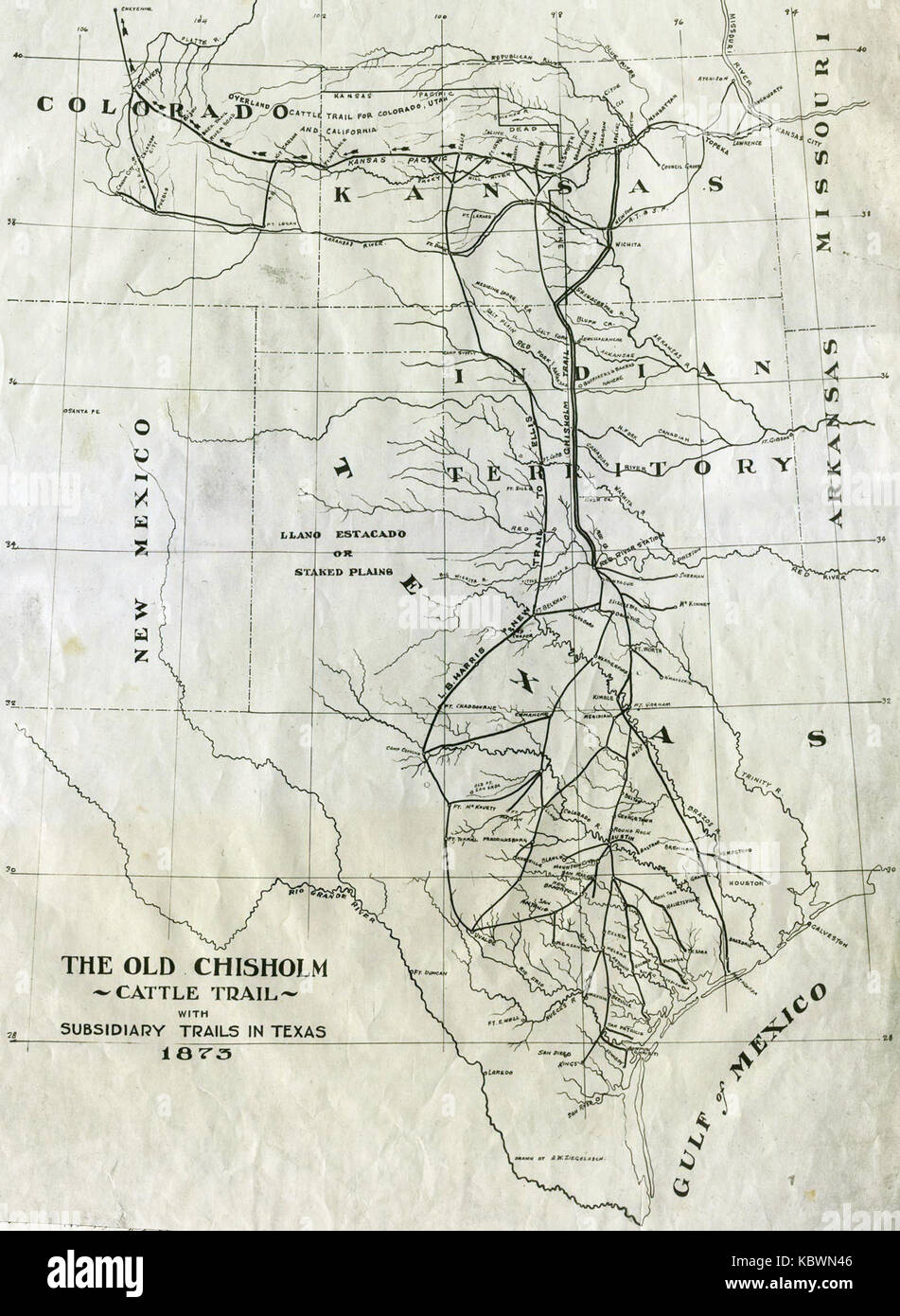 This map from 1873 depicts the Chisholm Trail and its subsidiary trails ...
