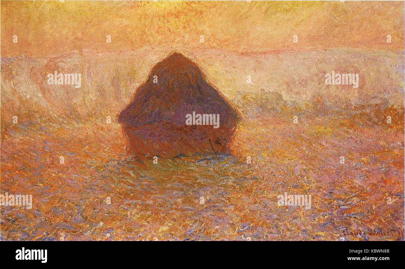 A painting titled 'Wheatstack (Sun in the Mist)' by Claude Monet ...