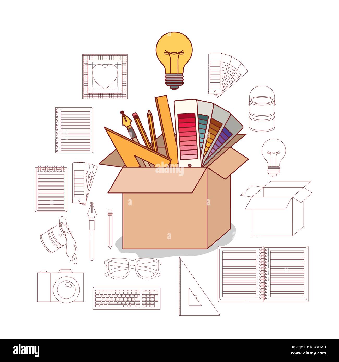 carton box in color with work elements inside and silhouette icons for ...