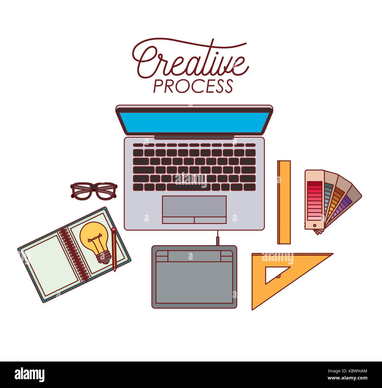 laptop computer creative process with elements graphic design on white ...