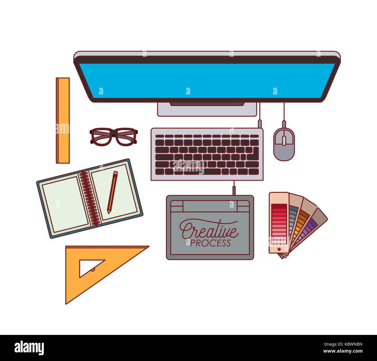 desktop computer top view with elements graphic design on white ...