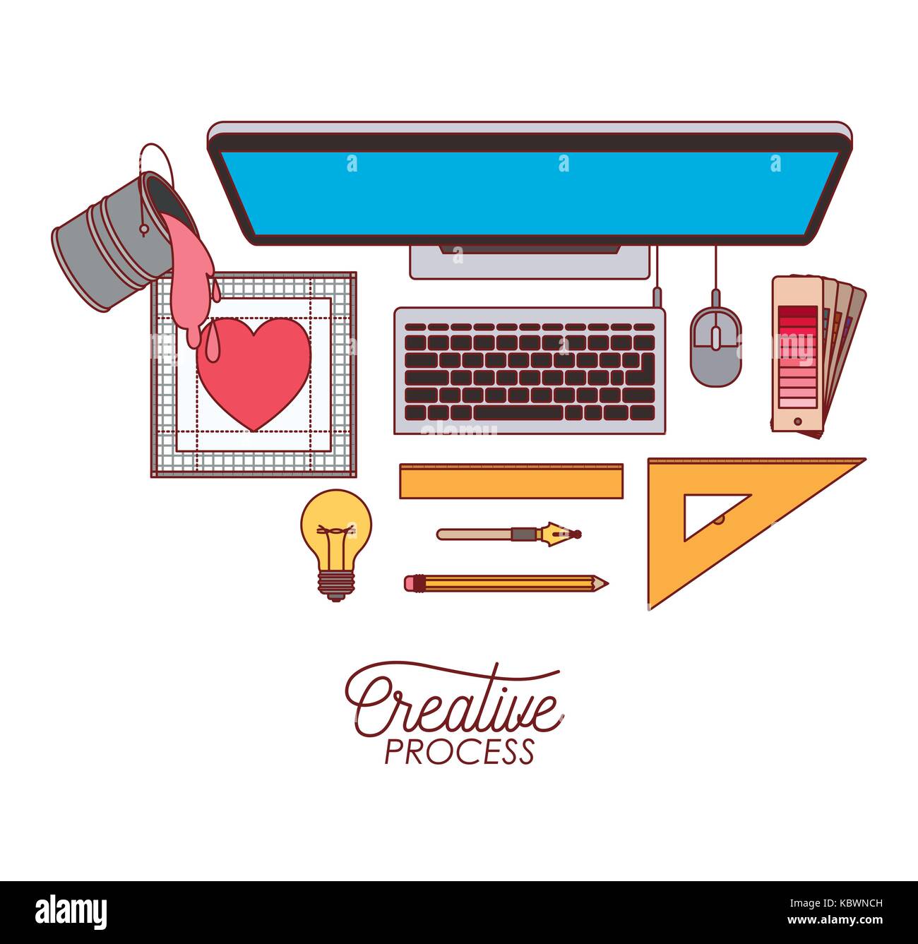 desktop computer top view creative process with elements graphic design ...