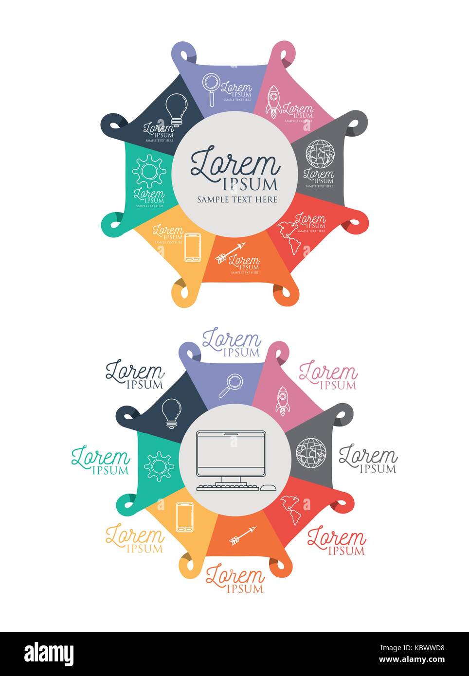 infographic with central hexagons and desktop computer in center and ...