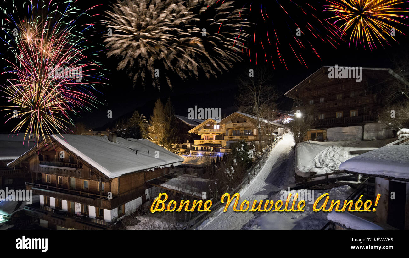 new year's eve card with alpine village in snow, fireworks, french text ...