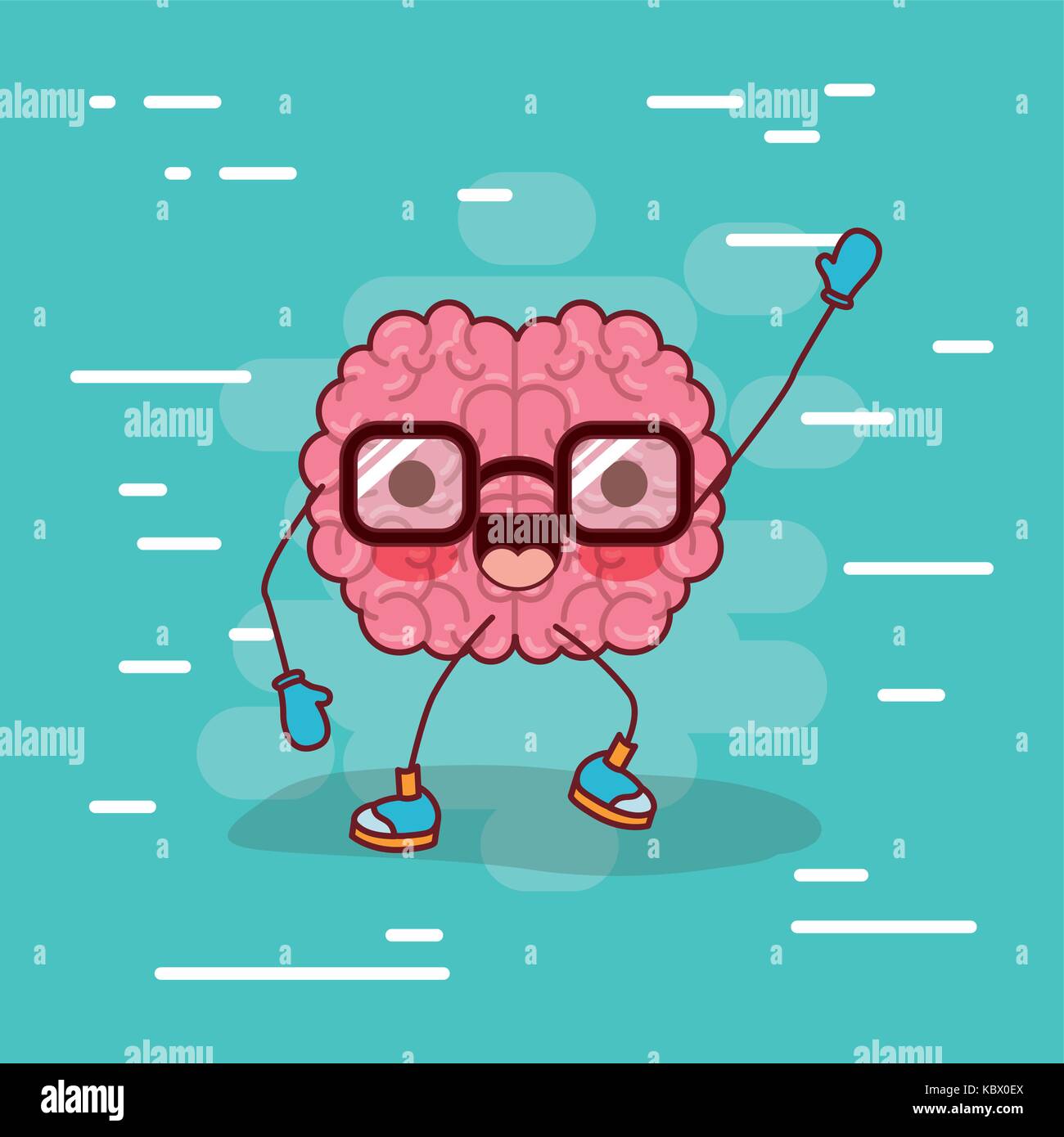 brain cartoon with glasses and greeting and background light blue Stock ...