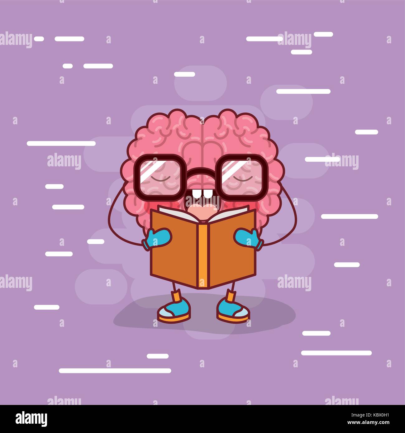 brain cartoon with glasses and reading a book and background light ...