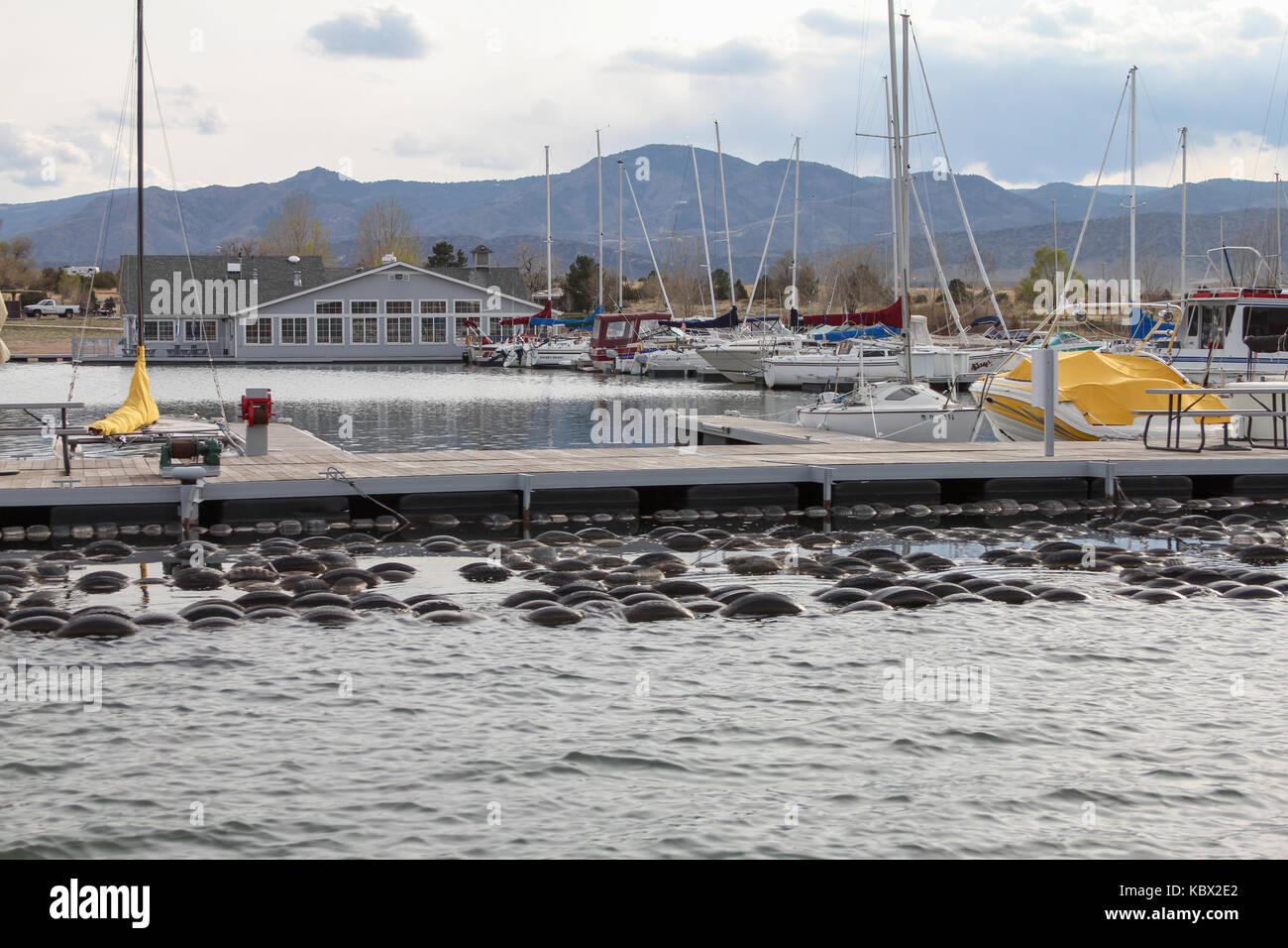 Various boats at dock in the marina at Chatfield State Park, Colorado ...