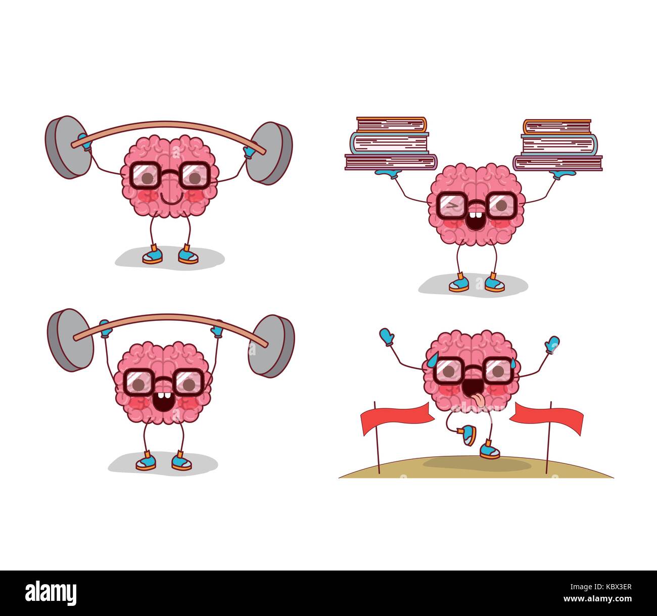brain cartoon set with glasses and exercising physical and mental in ...