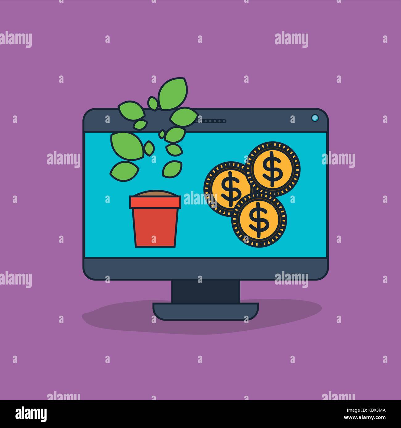desktop computer with plant pot and coins in screen in violet ...