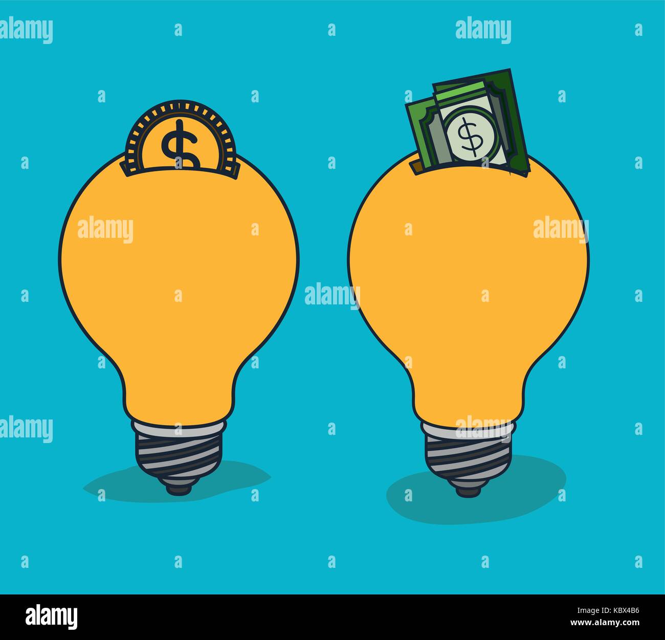 bulbs light in shape of money box with coin and dollar bill in blue ...