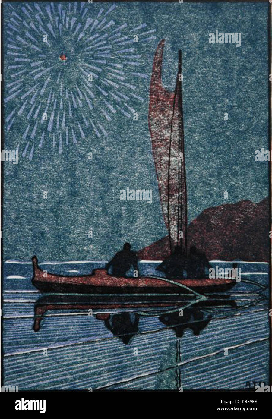 'Canoe and Fireworks', woodblock print by Arman Manookian, 6 x 4.25 in ...